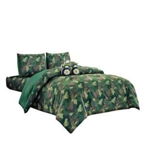 WPM Kids Collection Bedding 4 Piece Boys Army Green Twin Size Comforter Set with Sheet Pillow sham and Military Truck Toy Desert Camouflage Uniform Design (Camouflage Military, Twin Comforter)