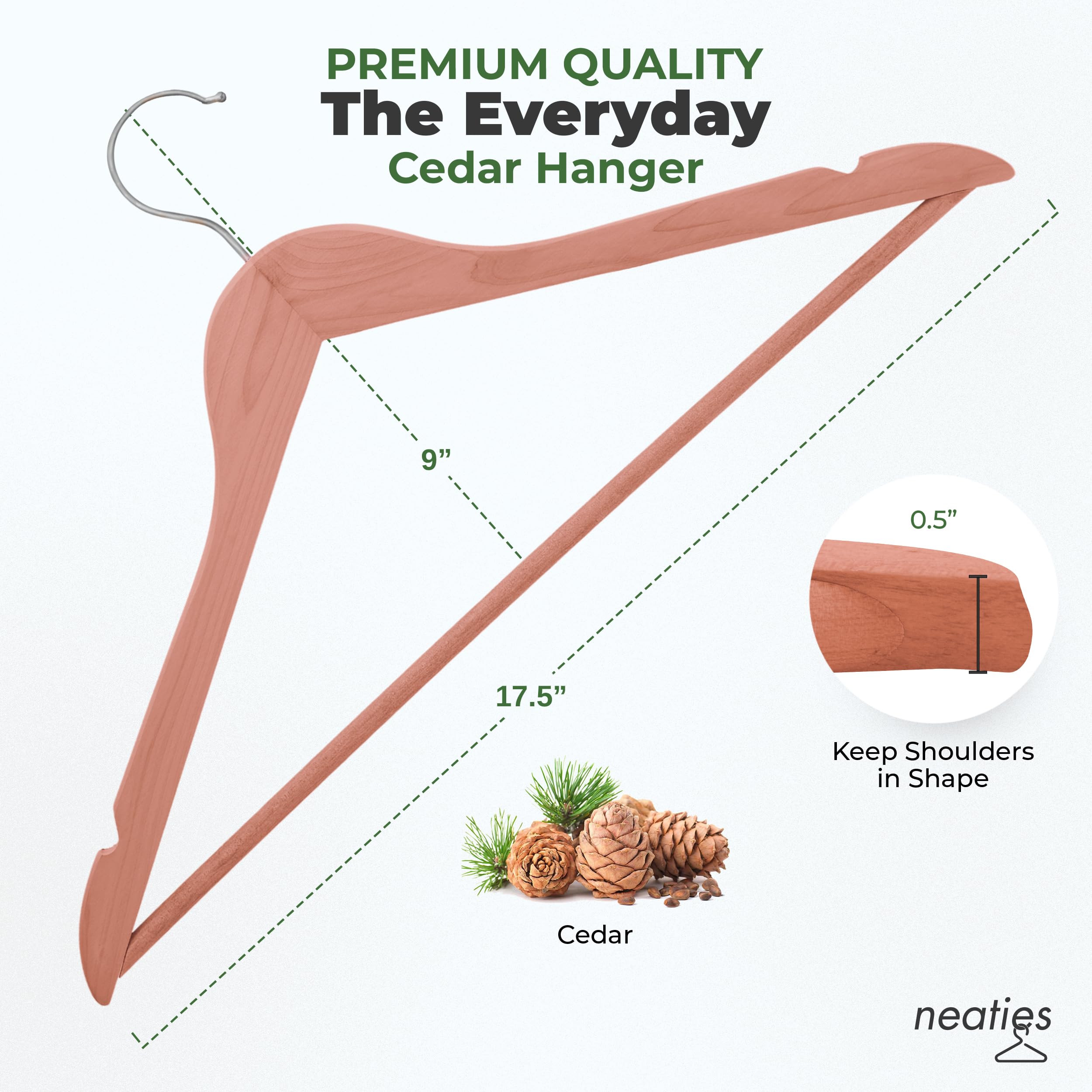 Neaties Premium Red Cedar Hangers for Closet 1/2" Thick Cedarwood Hangers with Bar - Cedar Pant Bar Cedar Jacket Hangers Cedar Suit Hangers Wooden Hangers Cedar Coat Hangers (18 Pack)