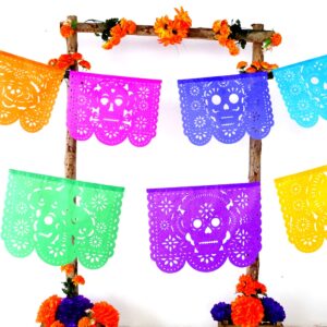 Papel Picado Banner Dia de Los Muertos, Day of The Dead Tissue Paper Garlands, Mexican Party Decorations 5 Pack|83feet|Large Fancy Cut Out Design