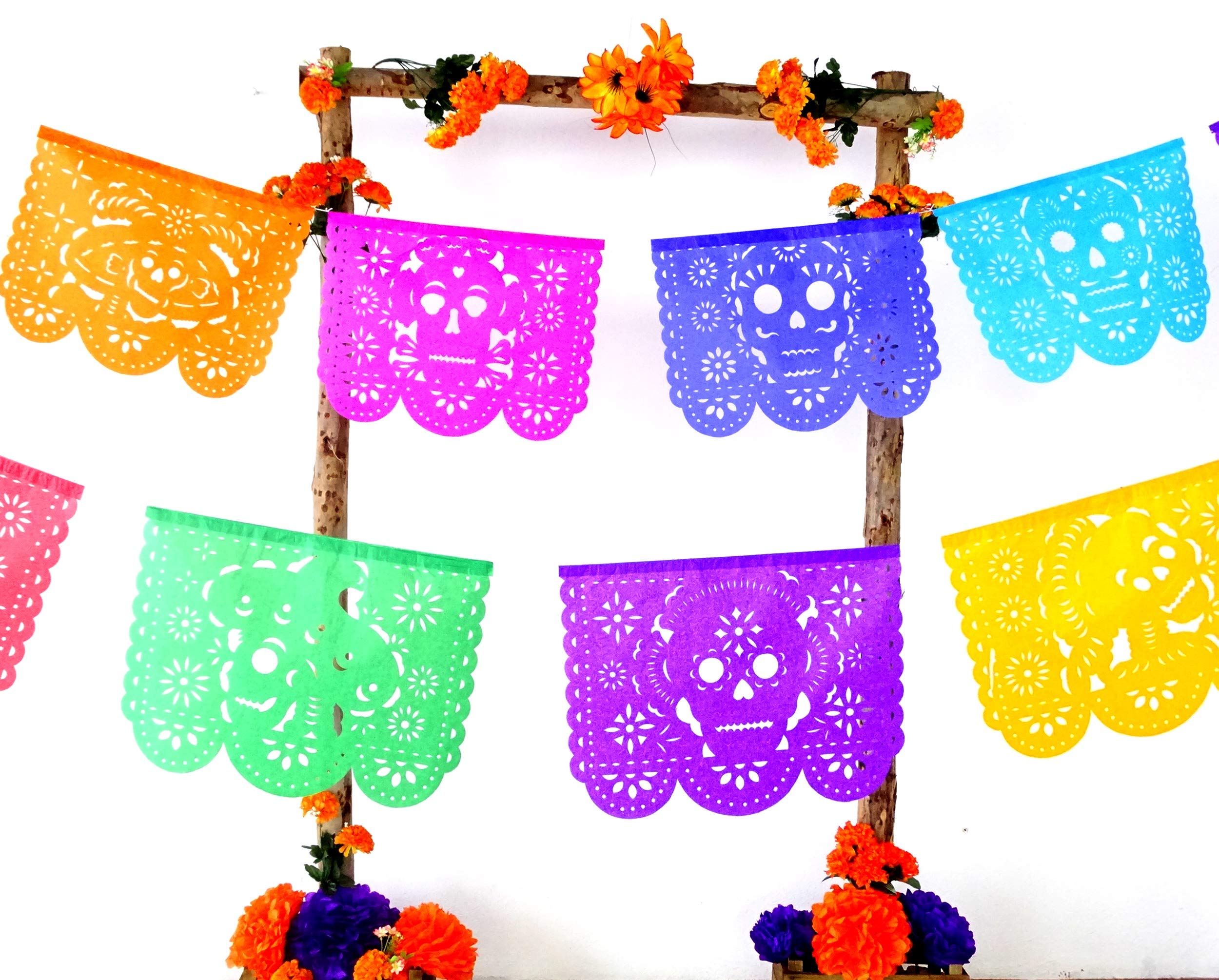 Papel Picado Banner Dia de Los Muertos, Day of The Dead Tissue Paper Garlands, Mexican Party Decorations 5 Pack|83feet|Large Fancy Cut Out Design