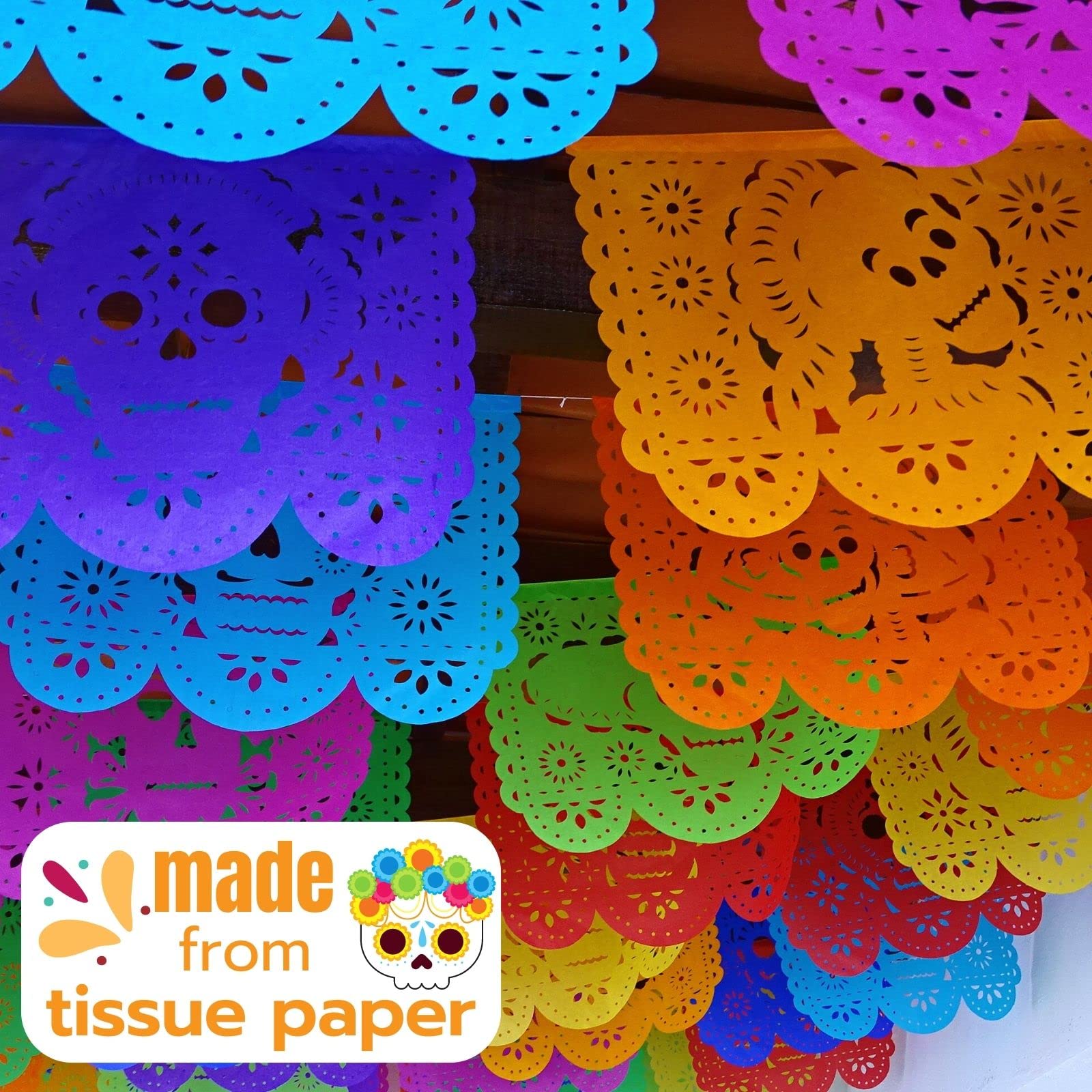 Papel Picado Banner Dia de Los Muertos, Day of The Dead Tissue Paper Garlands, Mexican Party Decorations 5 Pack|83feet|Large Fancy Cut Out Design