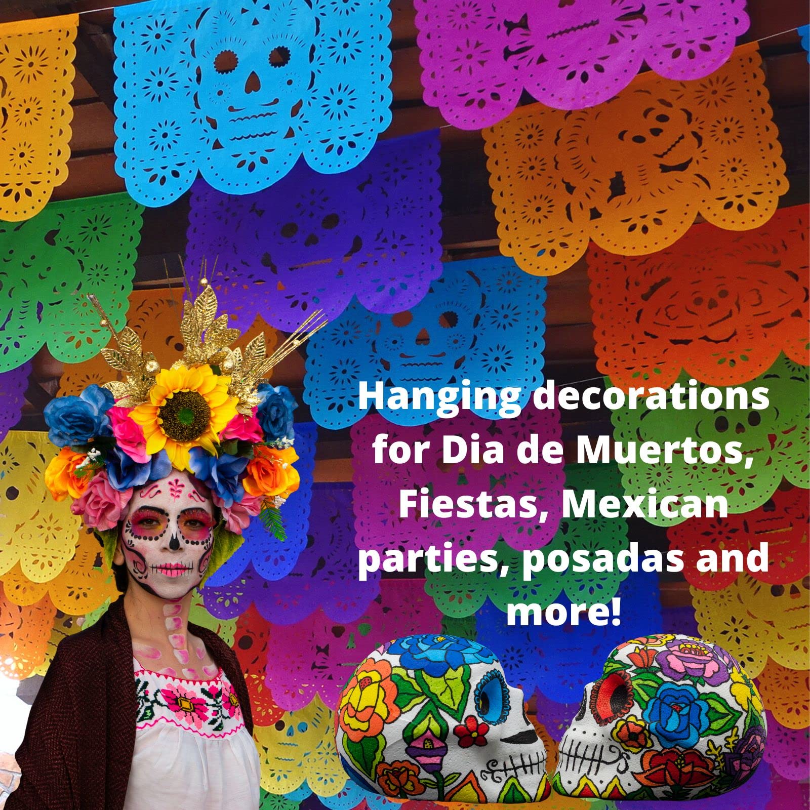 Papel Picado Banner Dia de Los Muertos, Day of The Dead Tissue Paper Garlands, Mexican Party Decorations 5 Pack|83feet|Large Fancy Cut Out Design