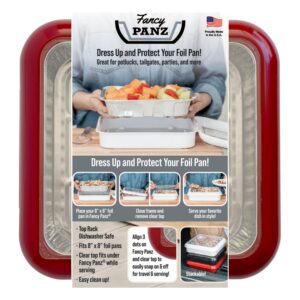 fancy panz, serving tray for food, made in the usa foil pan carrier, stackable aluminum pan holders, 8x8 travel casserole carrier with 1 disposable foil pan & serving spoon, red