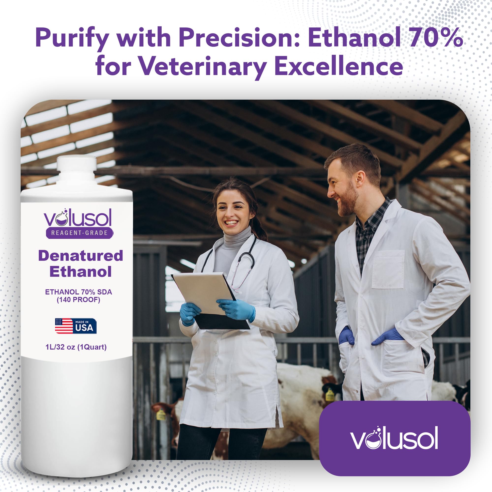 Volu-Sol Reagent-Grade 70% Denatured Ethanol (140 Proof) - Designed for Research & Industrial Applications, Non-Consumable - Preferred by Healthcare & Veterinary Professionals - 1000 mL / 32 oz