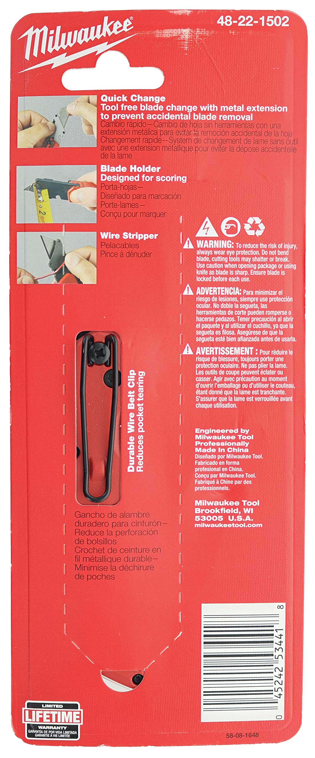 Milwaukee 48-22-1502 Fastback Folding Utility Knife with 5 Blade Storage, Wire Stripping Compartment, and Gut Hook