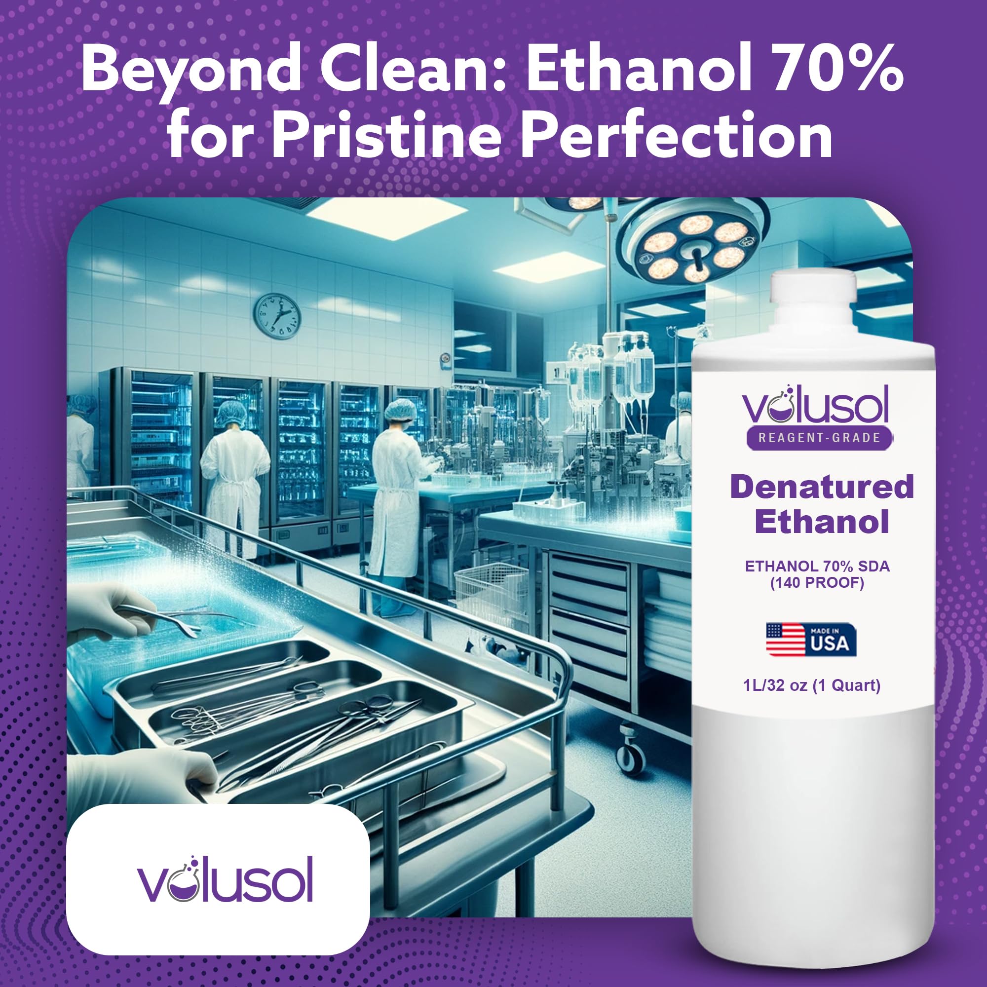 Volu-Sol Reagent-Grade 70% Denatured Ethanol (140 Proof) - Designed for Research & Industrial Applications, Non-Consumable - Preferred by Healthcare & Veterinary Professionals - 1000 mL / 32 oz