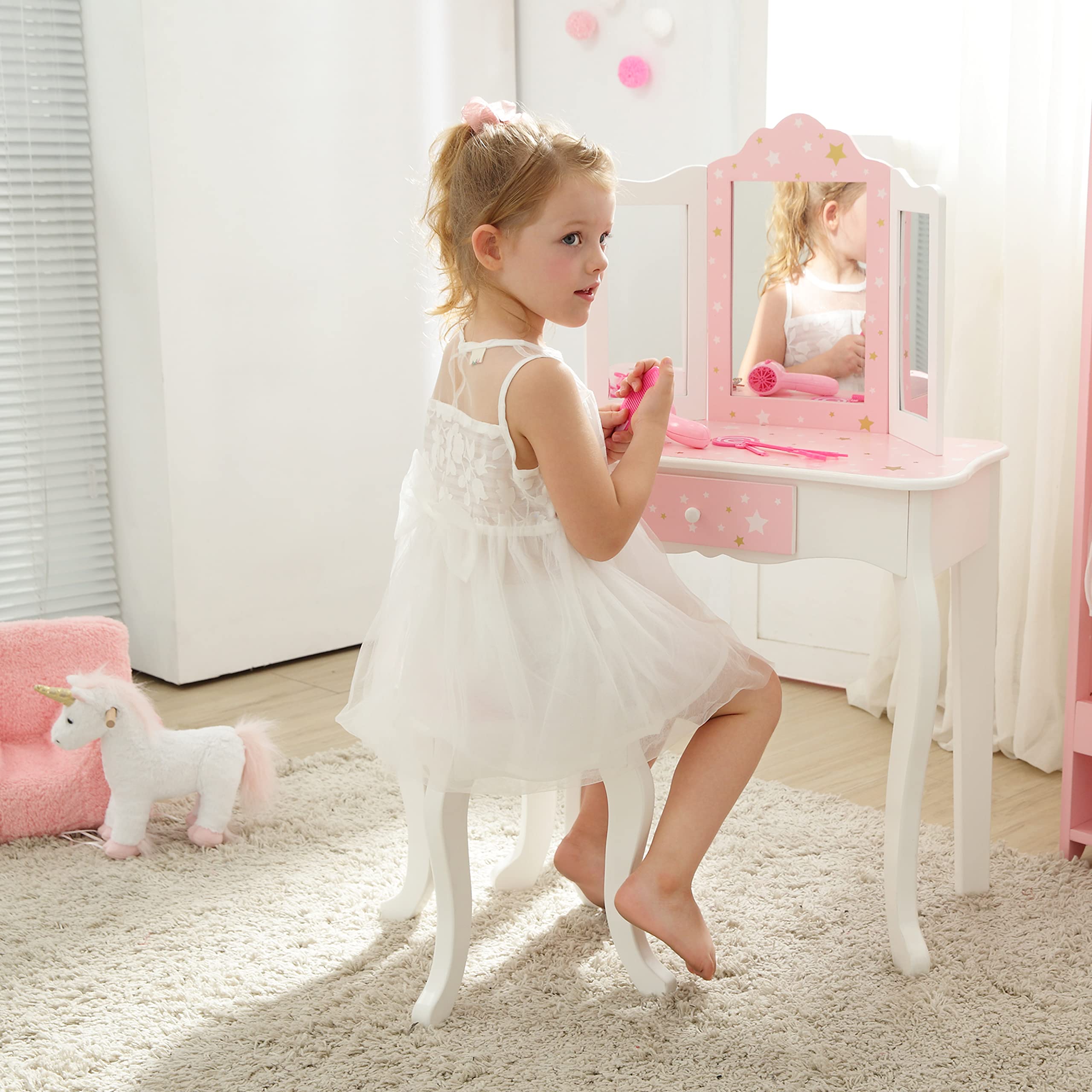 Teamson Kids Princess Gisele Twinkle Star Print 2-Piece Kids Wooden Play Vanity Set with Vanity Table, Tri-Fold Mirror, Storage Drawer, and Matching Stool, White with Pink and Gold Star Accent