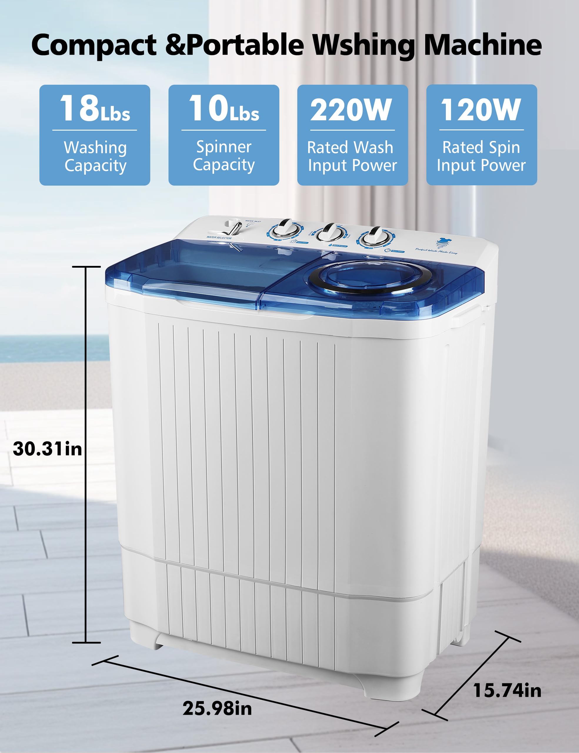 Cucina Magica Portable Twin Tub Washing Machine - 28Lbs Capacity for Apartments, RVs, Dorms, and Camping - 18Lbs Washer, 10Lbs Spinner Combo, Quiet with Drain Pump, Semi-Automatic Control