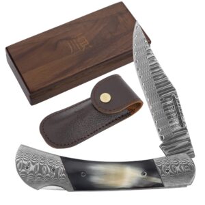 yousunlong pocket folding knife overall 195mm - damascus steel blade - bull horn handle