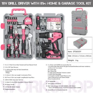 Hi-Spec 81pc 18V Cordless Drill Driver and Home Tool Kit in a Tool Storage Case