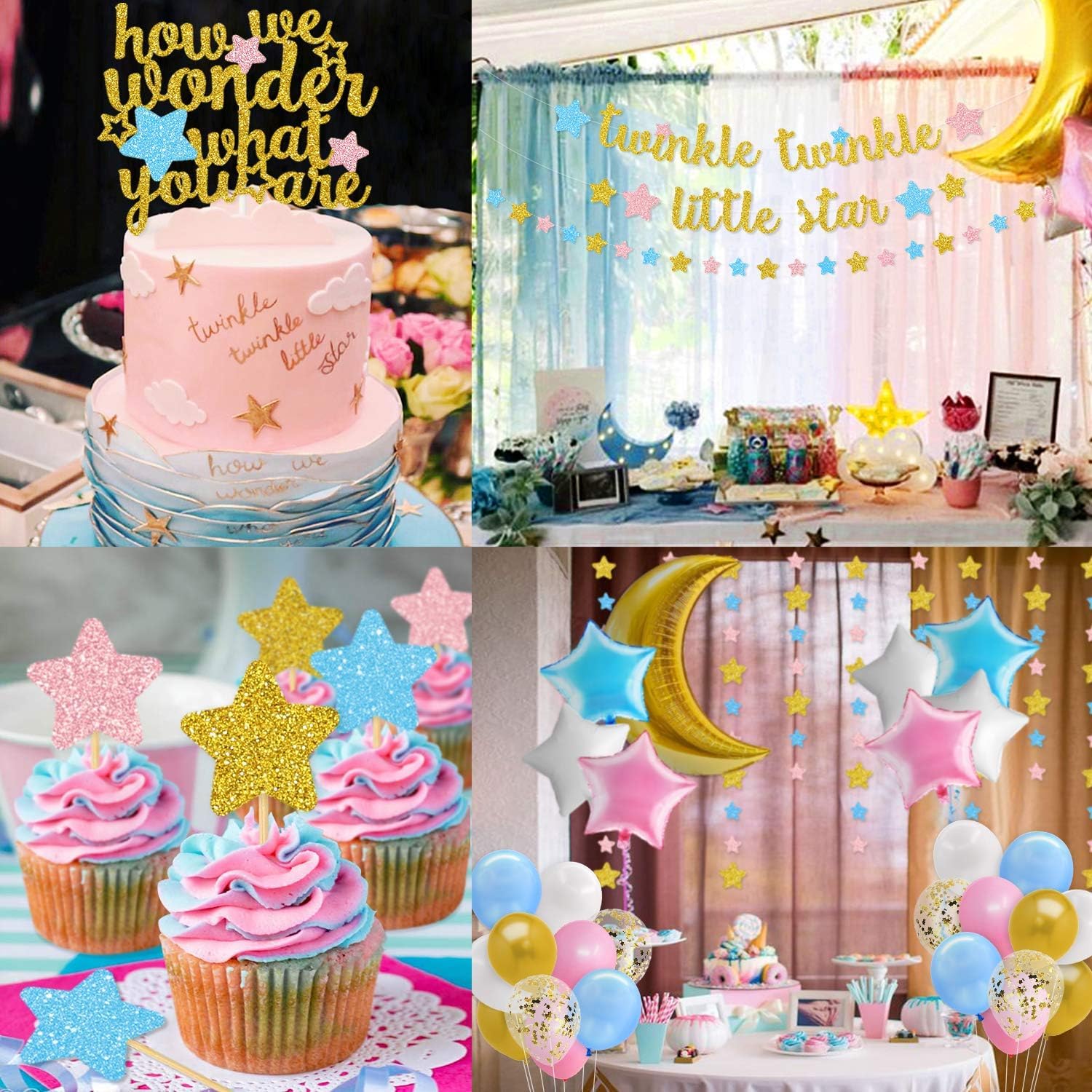 Twinkle Twinkle Little Star Party Decor Gender Reveal Birthday Party Decorations Pinkk Blue Gold Star Banner Cake Topper Balloons Moon and Star Boy or Girl He or She Baby Shower Supplies