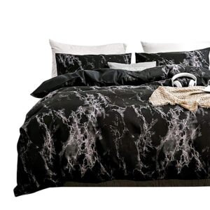 spring meow 2024 upgraded black twin duvet cover, 100% washed duvet cover set, marble bedding, 3 pieces with zipper closure, 1 duvet cover 68x90 inches and 2 pillow shams