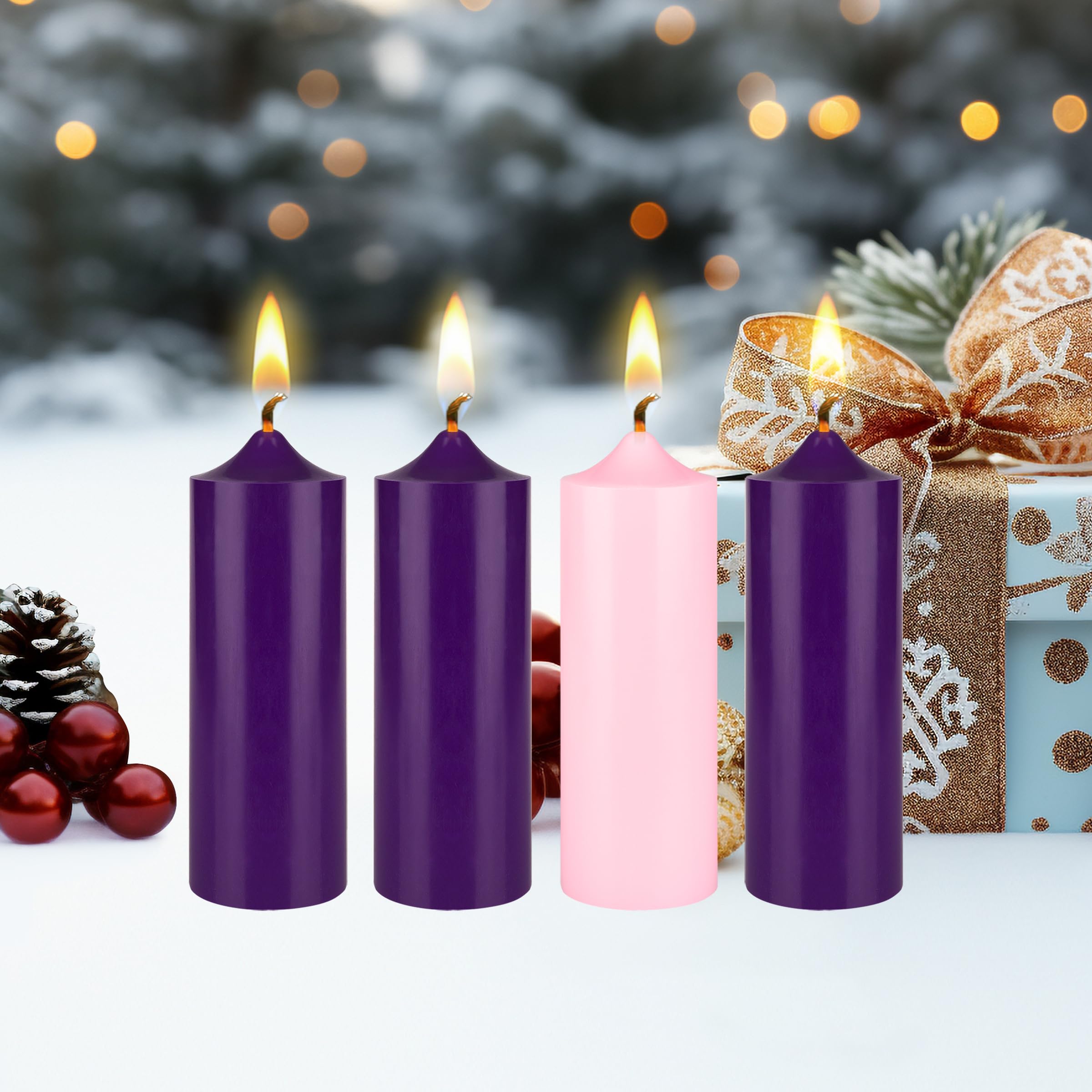 Mega Candles 4 pcs Unscented Christmas Advent Candles Set, Hand Poured Premium Wax Bell Top Round Pillar Candle 2 Inch x 6 Inch, Holidays, Celebrations, Devotional, Church, Wreath, Party, Gifts