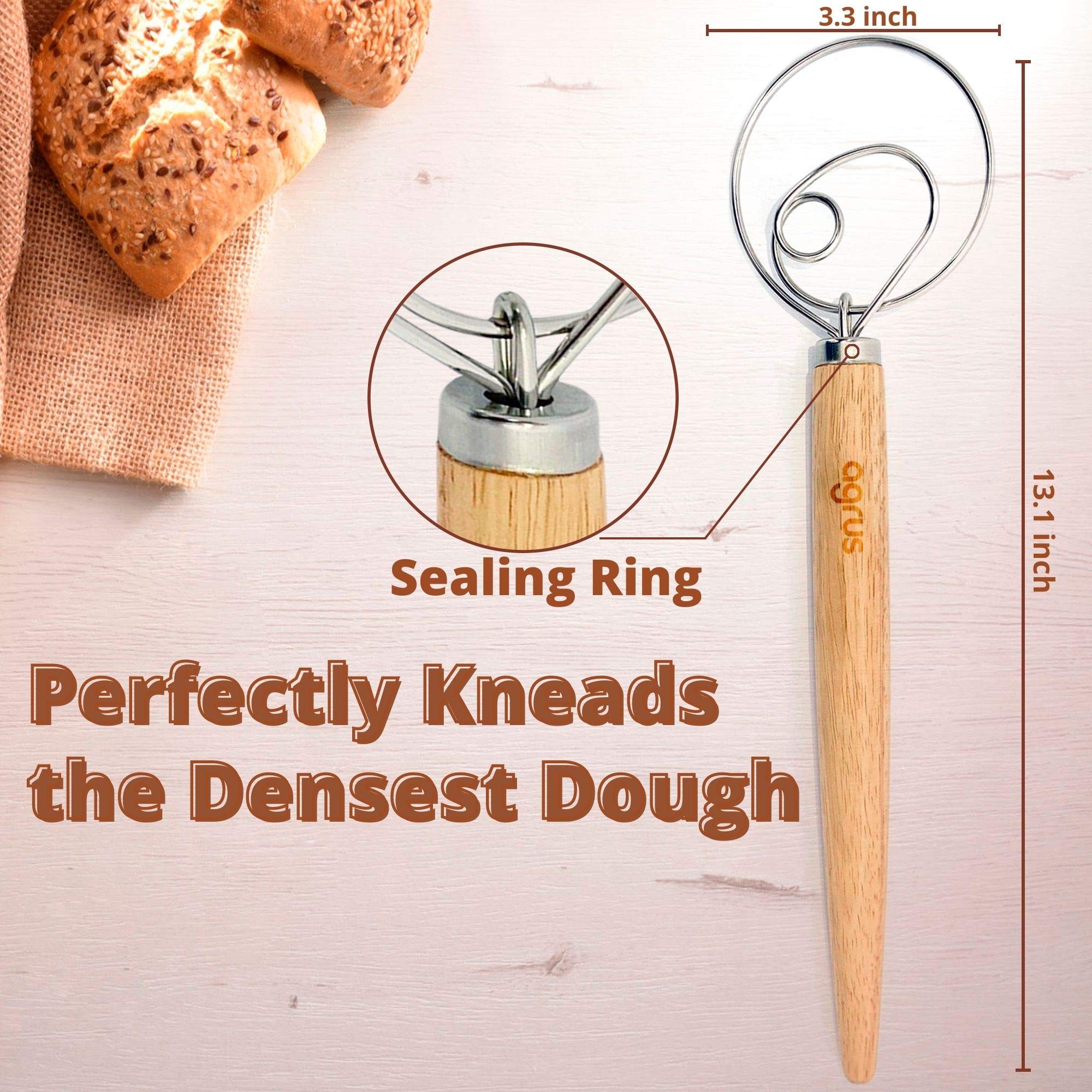 AGRUS Danish Dough Whisk - Bread Making Tools - Danish Dough Hook - Bread Dough Mixer Hand - Bread Dough Whisk for Pastry - Large Stainless Steel Swedish Whisk with Wooden Handle