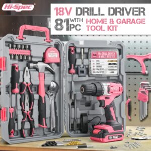 Hi-Spec 81pc 18V Cordless Drill Driver and Home Tool Kit in a Tool Storage Case