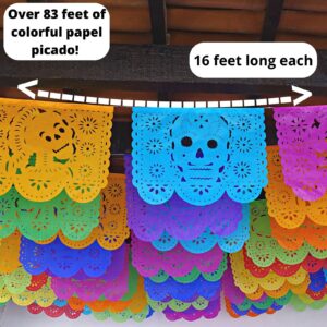 Papel Picado Banner Dia de Los Muertos, Day of The Dead Tissue Paper Garlands, Mexican Party Decorations 5 Pack|83feet|Large Fancy Cut Out Design