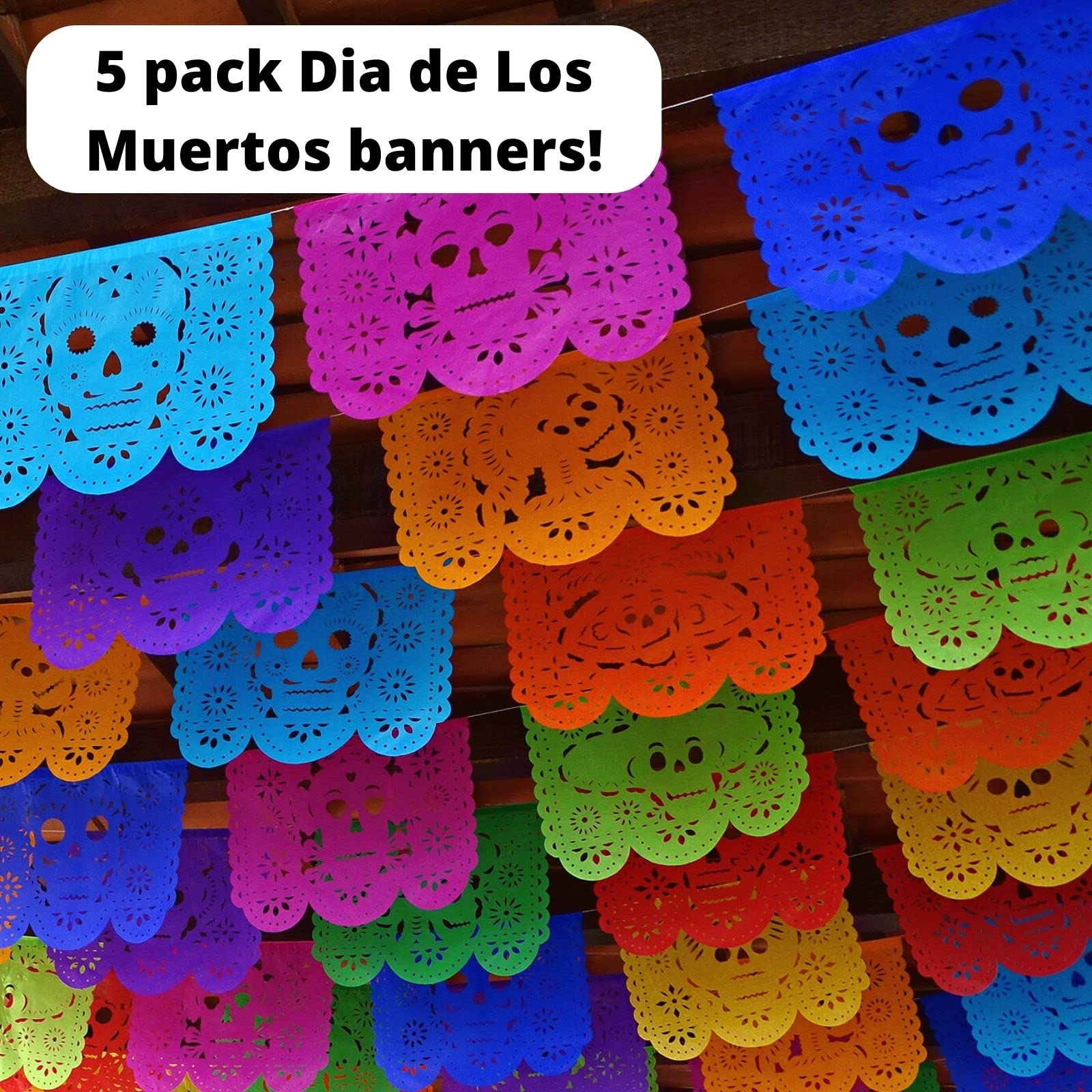 Papel Picado Banner Dia de Los Muertos, Day of The Dead Tissue Paper Garlands, Mexican Party Decorations 5 Pack|83feet|Large Fancy Cut Out Design