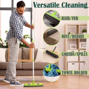 Guay Clean Rubber Push Broom Pet Hair Fur Removal Soft Bristle Sweeper for Carpet and Floor, Squeegee and Grommet for Pads and Towels -Telescopic Pole up to 50 Inches - Green