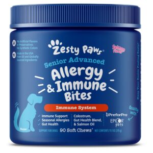 zesty paws dog allergy relief - anti itch supplement - omega 3 probiotics for dogs - digestive health - soft chews for skin & seasonal allergies - with epicor pets - senior - salmon - 90 count