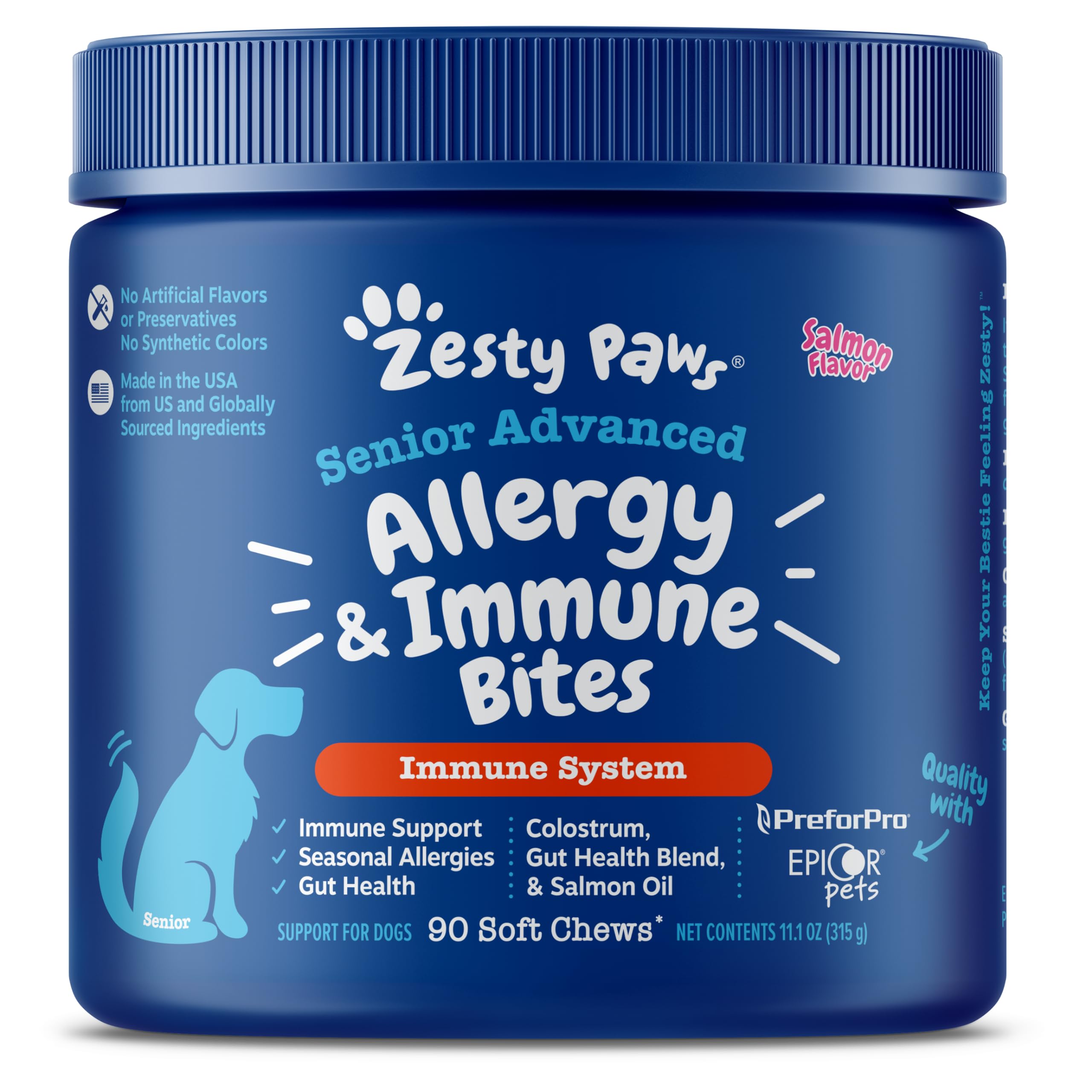 Zesty Paws Dog Allergy Relief - Anti Itch Supplement - Omega 3 Probiotics for Dogs - Digestive Health - Soft Chews for Skin & Seasonal Allergies - with Epicor Pets - Senior - Salmon - 90 Count