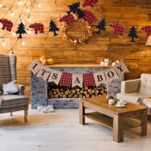 Boao 3 Pcs Lumberjack Birthday Party Banner Lumberjack Theme Christmas Baby Shower Decor It's a Boy Banner Camping Bear Garland Buffalo Plaid Woodland Banner for Hunting Party Backdrop Supplies