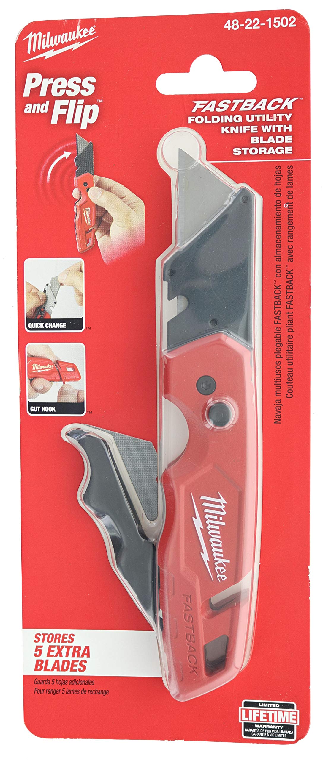 Milwaukee 48-22-1502 Fastback Folding Utility Knife with 5 Blade Storage, Wire Stripping Compartment, and Gut Hook