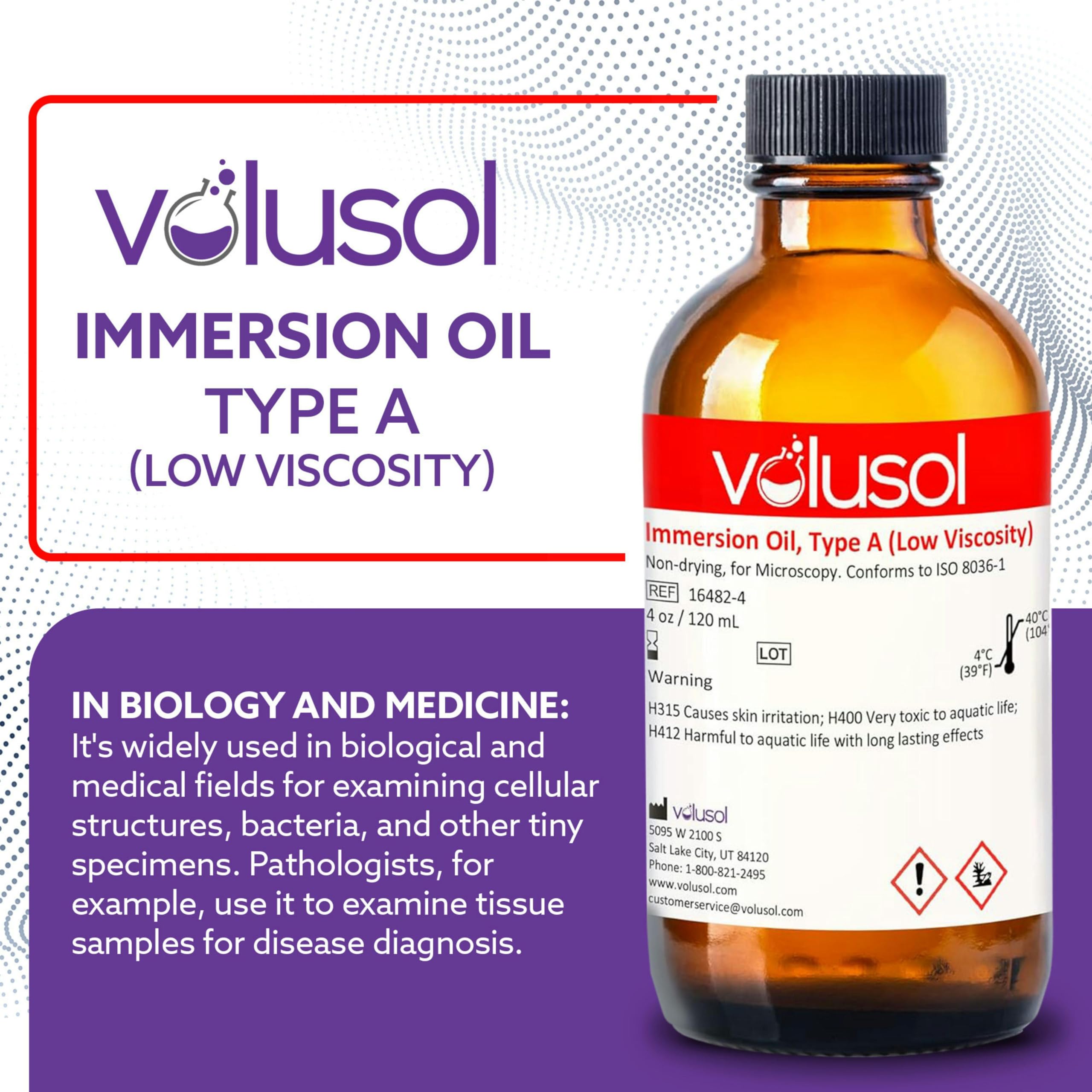 Volu-Sol Microscope Immersion Oil - Type A (Low Viscosity), Safe for All Lenses, Precision PP Polycone 150 centisokes - Enhance Microscopy Clarity for Microscope Slide | Clear Vision 125mL / 4oz