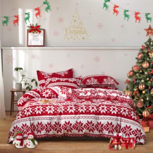 joyreap 3 pieces christmas duvet cover set, red and white reindeer snowflake and tree pattern, soft breathable microfiber for all season, 1 duvet cover and 2 pillow shams (full/queen, 90x90 inches)