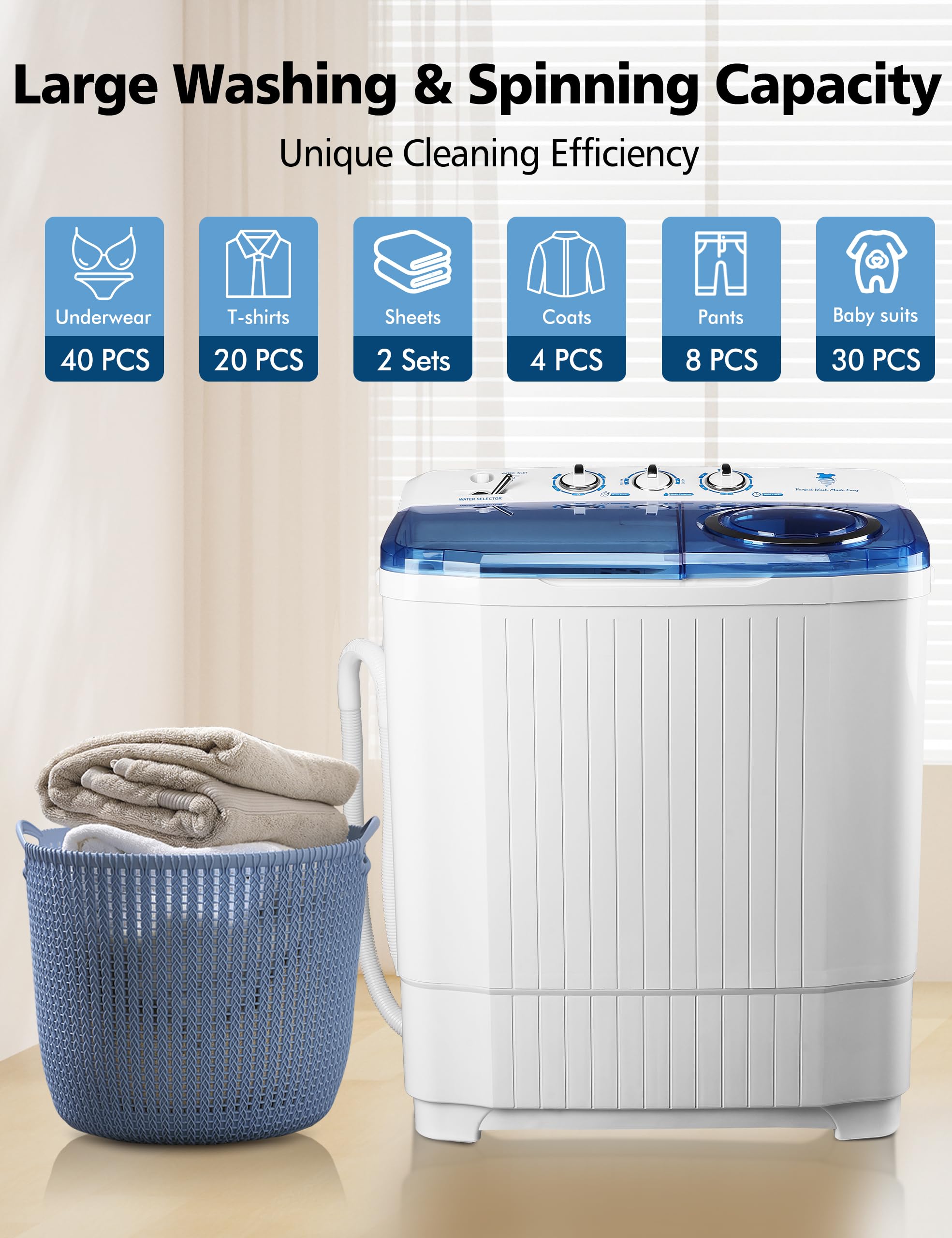 Cucina Magica Portable Twin Tub Washing Machine - 28Lbs Capacity for Apartments, RVs, Dorms, and Camping - 18Lbs Washer, 10Lbs Spinner Combo, Quiet with Drain Pump, Semi-Automatic Control