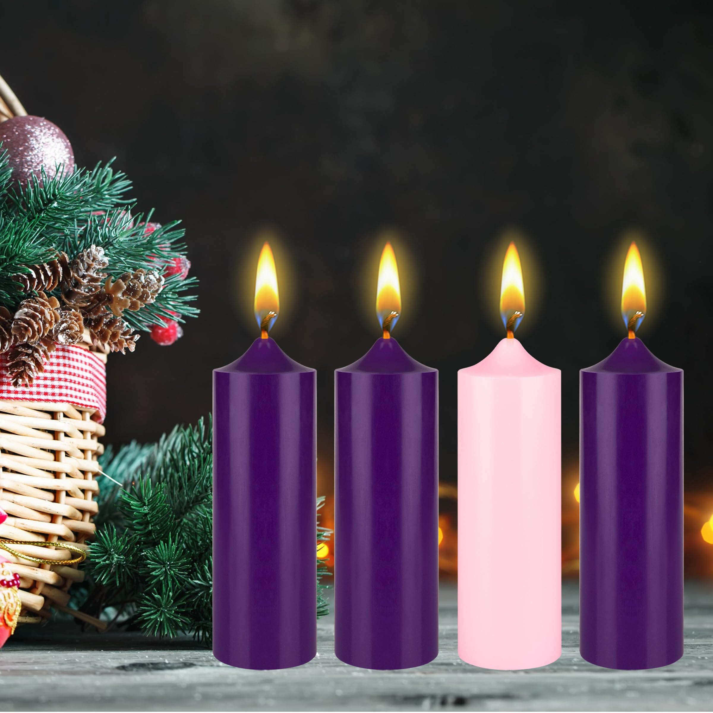 Mega Candles 4 pcs Unscented Christmas Advent Candles Set, Hand Poured Premium Wax Bell Top Round Pillar Candle 2 Inch x 6 Inch, Holidays, Celebrations, Devotional, Church, Wreath, Party, Gifts