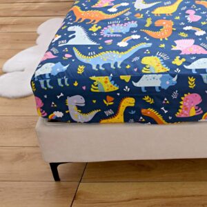 NATURETY Soft Bedding Fitted Sheet with Deep Pocket,Thicken Fabric Dino Printed Bed Sheets for Teens (Navy Blue(Dinosaur), Twin)