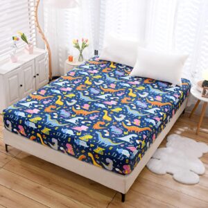 naturety soft bedding fitted sheet with deep pocket,thicken fabric dino printed bed sheets for teens (navy blue(dinosaur), twin)