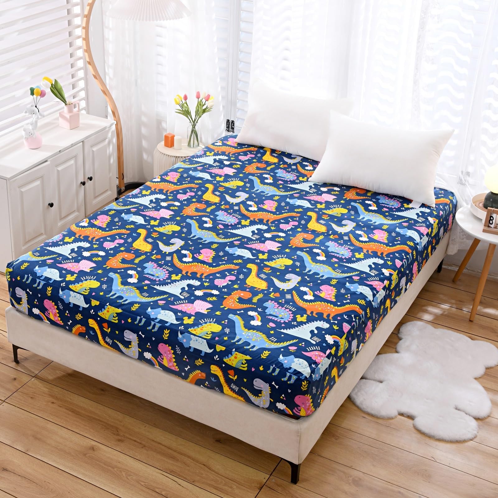 NATURETY Soft Bedding Fitted Sheet with Deep Pocket,Thicken Fabric Dino Printed Bed Sheets for Teens (Navy Blue(Dinosaur), Twin)