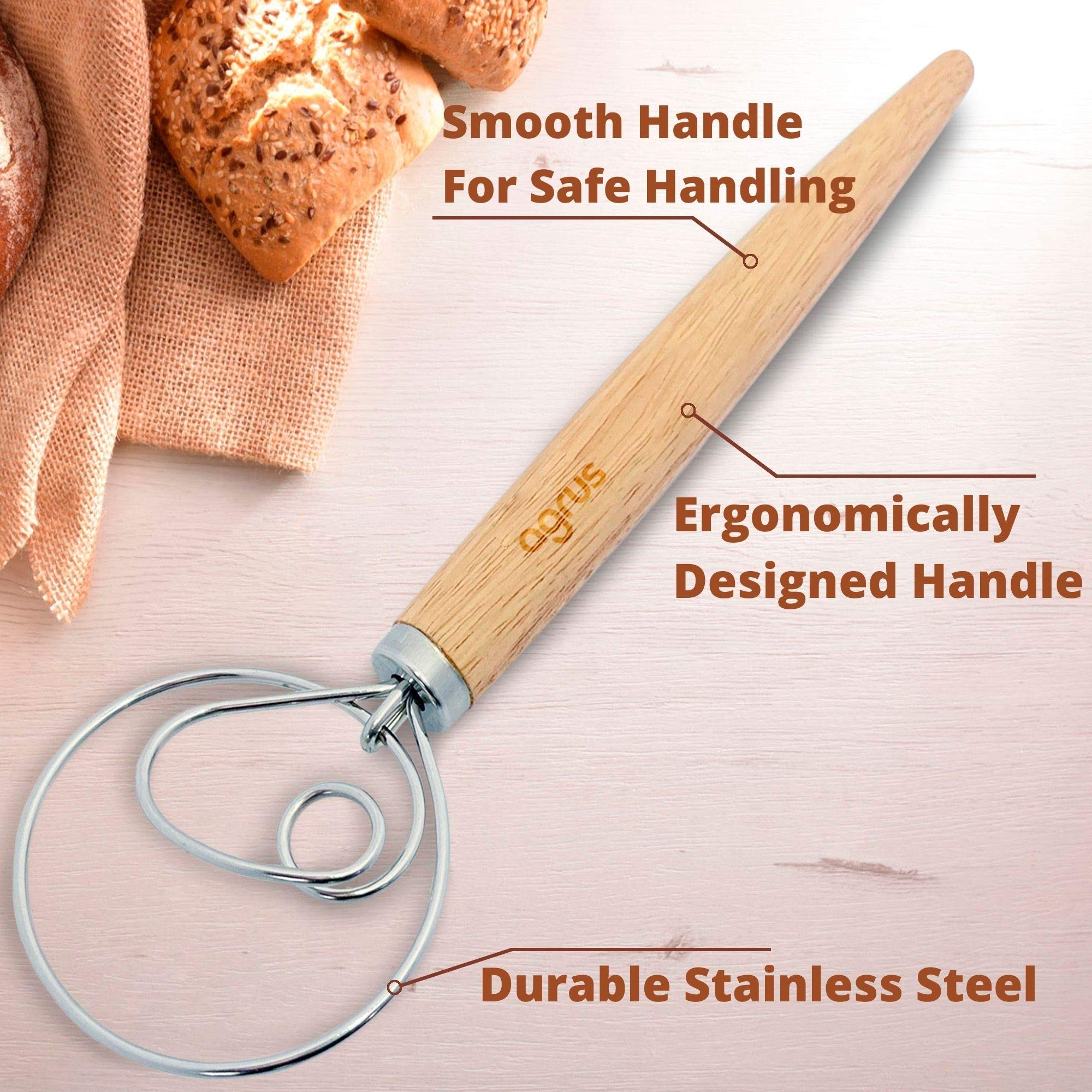 AGRUS Danish Dough Whisk - Bread Making Tools - Danish Dough Hook - Bread Dough Mixer Hand - Bread Dough Whisk for Pastry - Large Stainless Steel Swedish Whisk with Wooden Handle