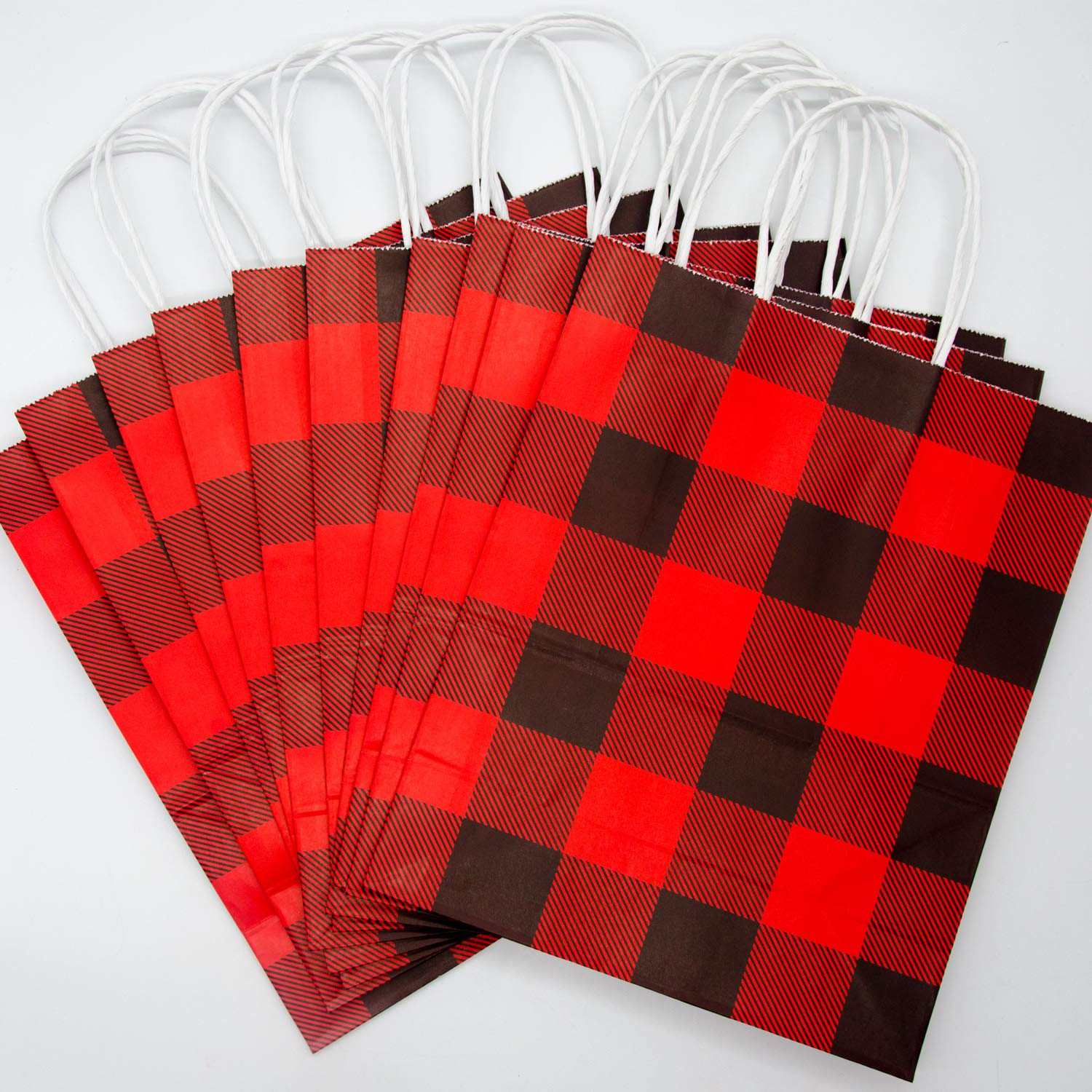 Iceyyyy 15Pieces Red and Black Buffalo Plaid Kraft Bags Paper Gift Bag with Handle for Valentine's Day, Mother's Day, Halloween, Thanksgiving, Christmas, Party, Wedding Gift