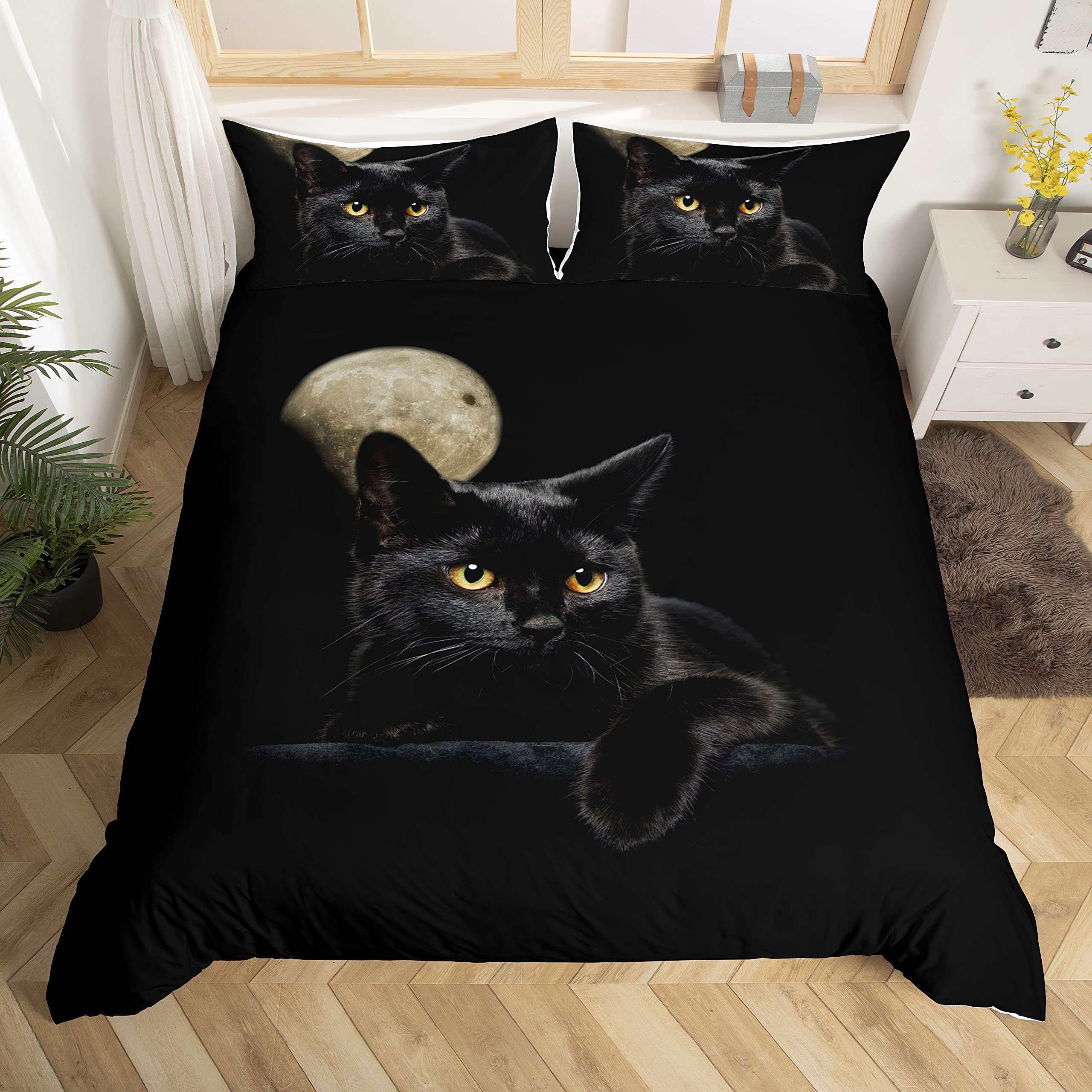 Erosebridal Cat Bedding for Girls Boys Cute Black Cat Pattern Bedspread 3 Piece Black Animal Print Decorative Duvet Cover Set Queen Size Farmhouse Cats Decor Comforter Cover 2 Pillowcases