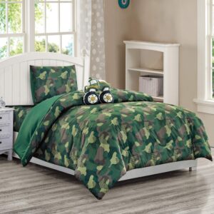 wpm kids collection bedding 4 piece boys army green twin size comforter set with sheet pillow sham and military truck toy desert camouflage uniform design (camouflage military, twin comforter)