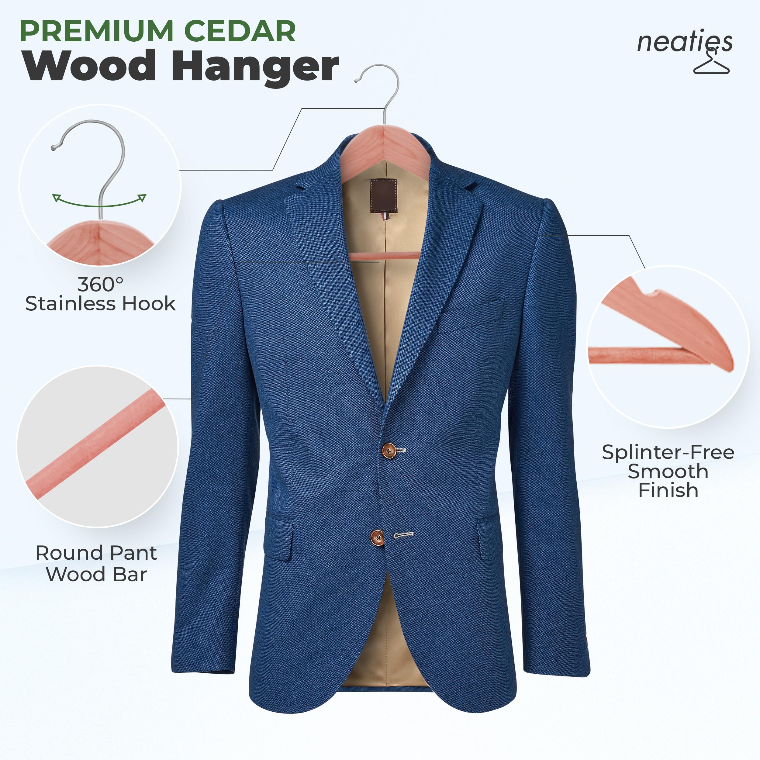 Neaties Premium Red Cedar Hangers for Closet 1/2" Thick Cedarwood Hangers with Bar - Cedar Pant Bar Cedar Jacket Hangers Cedar Suit Hangers Wooden Hangers Cedar Coat Hangers (18 Pack)