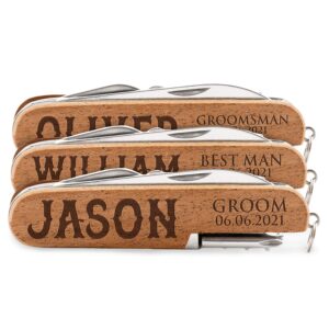 set of 3 - personalized groomsmen gift for wedding, custom multitool, groomsmen proposal gift, solid wood laser engraved multi tool -free engraving