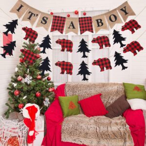 Boao 3 Pcs Lumberjack Birthday Party Banner Lumberjack Theme Christmas Baby Shower Decor It's a Boy Banner Camping Bear Garland Buffalo Plaid Woodland Banner for Hunting Party Backdrop Supplies