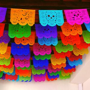 papel picado banner dia de los muertos, day of the dead tissue paper garlands, mexican party decorations 5 pack|83feet|large fancy cut out design