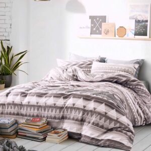 modern geo aztec duvet cover striped ethnic boho southwestern native navajo tribal diamond vector 400tc cotton bedding 3pc set bohemian geometric print (taupe, full/queen)