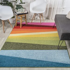 jonathan y dzc101a-4 prism geometric striped indoor area rug, kids & novelty, modern, coastal, bedroom, kitchen, living room, easy-cleaning, non-shedding, 4 x 6, orange/green/blue