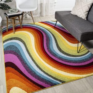 jonathan y dzc100a-5 flow abstract swirl indoor area rug, kids & novelty, modern, coastal, bedroom, kitchen, living room, easy-cleaning, non-shedding, 5 x 8, red/yellow/blue