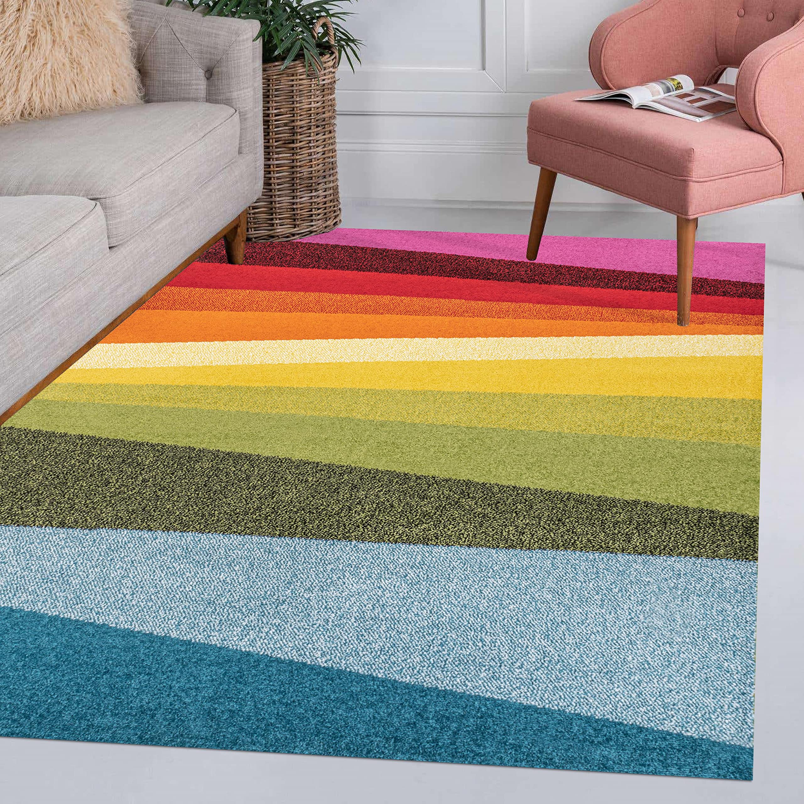 JONATHAN Y DZC101A-4 Prism Geometric Striped Indoor Area Rug, Kids & Novelty, Modern, Coastal, Bedroom, Kitchen, Living Room, Easy-Cleaning, Non-Shedding, 4 X 6, Orange/Green/Blue