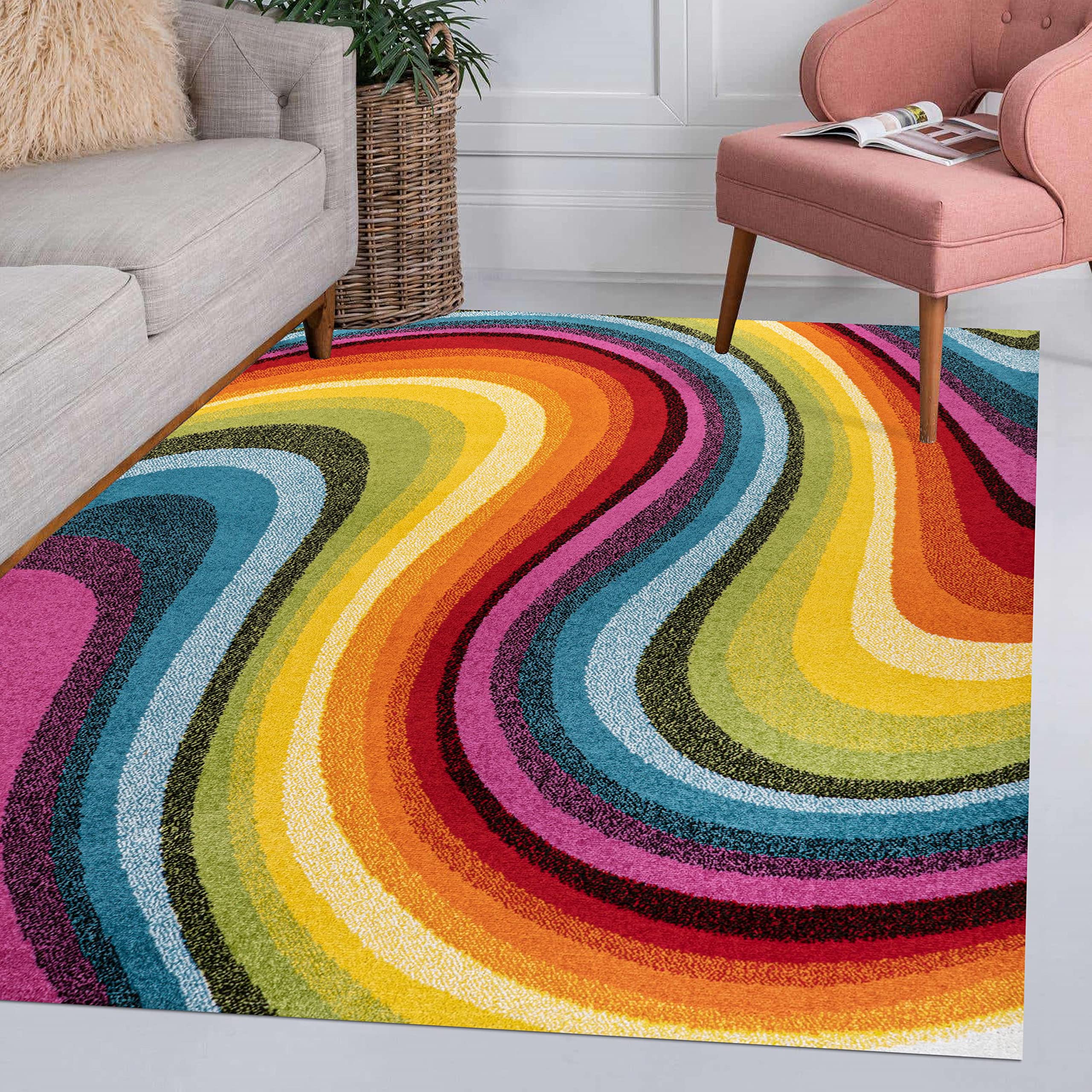 JONATHAN Y DZC100A-5 Flow Abstract Swirl Indoor Area Rug, Kids & Novelty, Modern, Coastal, Bedroom, Kitchen, Living Room, Easy-Cleaning, Non-Shedding, 5 X 8, Red/Yellow/Blue