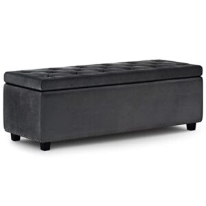 simplihome hamilton 48 inch wide rectangle lift top storage ottoman in upholstered distressed black tufted faux leather with large storage space for living room, entryway, bedroom, transitional