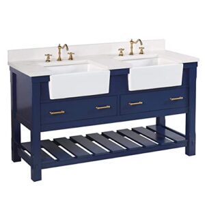 Kitchen Bath Collection Charlotte 60-inch Double Bathroom Vanity (Quartz/Royal Blue): Includes Royal Blue Cabinet with Stunning Quartz Countertop and White Ceramic Farmhouse Apron Sinks