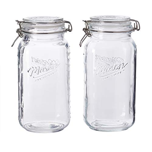 Mason Craft & More Airtight Kitchen Food Storage Clear Glass Clamp Jars, 67 Ounce (2 Liter) Large Clamp Jar