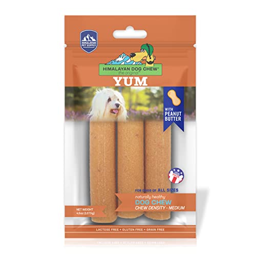 Himalayan Dog Chew Yak Cheese Dog Chews, Lactose Free & Grain Free, USA Made, For All Dog Breeds, Medium Density Cheese Chew, Resealable Pouch with 3 YUM Treats, Peanut Butter Flavor